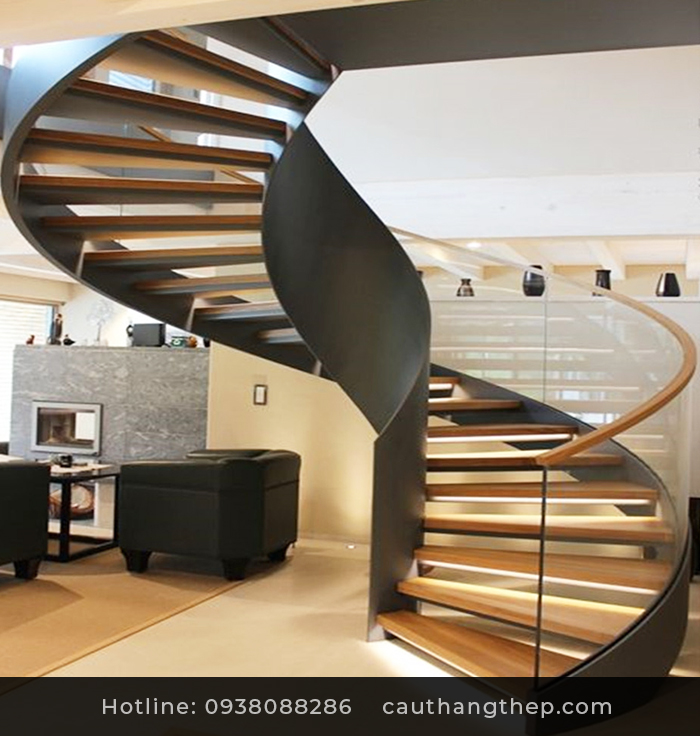 Mẫu cầu thang xoắn mặt bậc gỗ đẹp nhất hiện nay